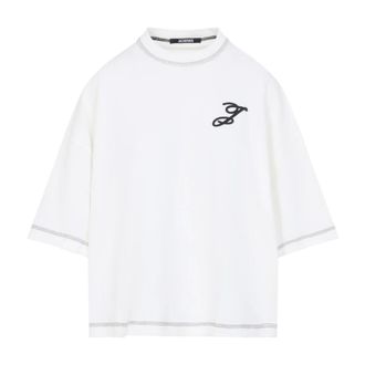 Jacquemus Femme, Tops, Blanc, Taille: 36 FR Logo Embroidered Detail T-shirt