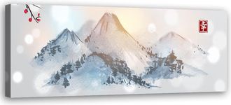 Feeby Vlies Leinwandbild Landschaft Sumi-e Japanisches Aquarell 150x50 cm Wanddeko Design Kunstdruck Zimmerdeko Bilderwand H&uuml;gel Natur B&auml;ume Beige