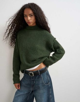 Topshop pull long en maille m&eacute;lange laine &agrave; bord roul&eacute; &eacute;pais en olive-Vert