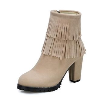 Generic Bottines &eacute;l&eacute;gantes &agrave; double frange pour femme Bout en amande Couleur unie Talons blocs Fermeture &eacute;clair Chaussures dhiver occidentales, beige, 40.5 EU