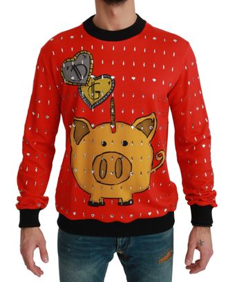 Dolce & Gabbana Mens Red Crystal Pig Of The Year Sweater Cotton Clothing