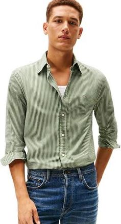 Tommy Hilfiger Core Hairline Poplin RF Shirt Mw0Mw41399 Chemise L/S, Green (Mountain Pine/Stripe), XS Homme