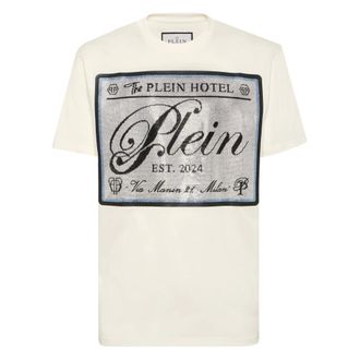 Philipp Plein Homme, Tops, Beige, Taille: 3XL T-Shirt Col Rond Patch Pierres