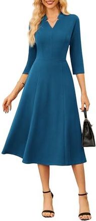 Grace Karin Robe de cocktail élégante à manches 3/4 pour femme - Col en V - Robe daffaires avec poches, Bleu paon, M