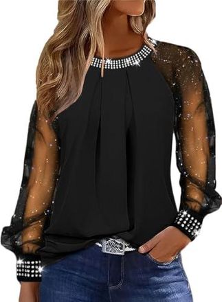 Onsoyours Chemisier Femme Sexy Chic Hauts Maille À Manches Longues Dentelle Ample Tunique Blouse Elégante Mode Col V Shirt Tops Imprimé Satin Pullover E Noir XL