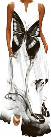 Ocean Plus Damen &Auml;rmelloser Langer Rock V-Ausschnitt Bedrucktes Blumenkleid &Auml;rmelloses Maxikleid mit V-Ausschnitt (XXL, Tintenmalerei Rauch Schmetterlinge)