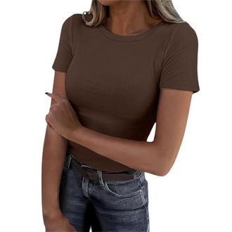 Generic T-shirt &agrave; manches courtes pour femme - Col rond - Maille c&ocirc;tel&eacute;e - Coupe ajust&eacute;e - T-shirt basique d&eacute;t&eacute; d&eacute;contract&eacute;, marron, M