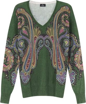 Etro Pull Col en V Imprim&eacute; Cachemire - Femme - Pulls - Vert - Taille: 48 FR