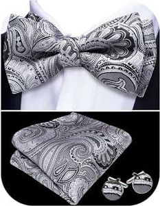 Barry.Wang Ensemble noeud papillon pr&eacute;-nou&eacute; en soie pour homme avec carr&eacute; de poche et boutons de manchette pour mariages et &eacute;v&eacute;nements formels, Cachemire gris, t