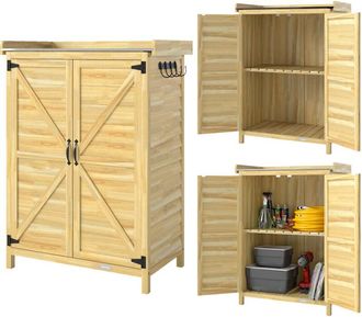 OUTSUNNY Armoire de jardin - Outsunny - &eacute;tag&egrave;re et crochets, plan de travail en m&eacute;tal galvanis&eacute; - bois - 71,5x39x95cm - bois naturel