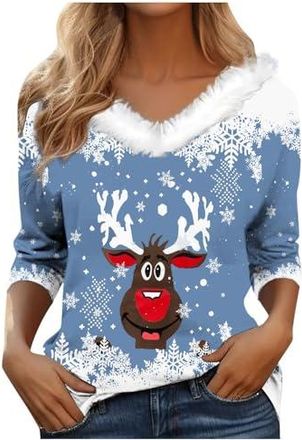 Generic Pull Noel Femme Col en V Fourrure Manches Longue Tee Shirt Drole Moche Imprim&eacute; Christmas Sweatshirt Automne Hiver Chaud(2026)