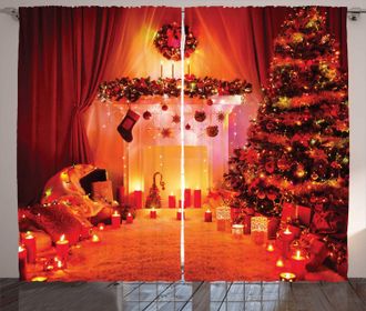Abakuhaus Weihnachten Rustikaler Gardine, Noel New Years Theme, Schlafzimmer Kräuselband Vorhang mit Schlaufen und Haken, 280 x 260 cm, Orange
