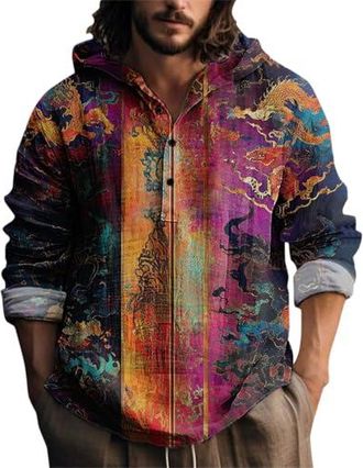 Generic Chemise &agrave; manches longues pour homme, chemise d&eacute;t&eacute; grande taille, chemise d&eacute;contract&eacute;e &agrave; capuche, imprim&eacute; tendance, demi-boutons, haut confortable, co