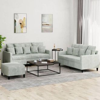 vidaXL Vidaxl - Ensemble de canap&eacute;s 3 pcs avec coussins - Velours gris clair - Structure robuste en m&eacute;tal et contreplaqu&eacute; - Dimensions 138x77x80 cm