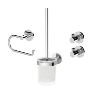 Lenz Bad-Accessoire-Set VIDA in Chrom - 4-teilig - Toilettenpapierhalter, WC-Bürstengarnitur und Zwei Handtuchhaken - Zum Kleben oder Bohren - Hochwertige 
