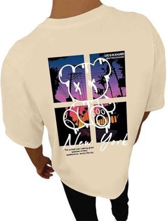 Generic T-shirt pour homme avec imprim&eacute; graphique dans le dos, col rond, manches courtes, en coton, coupe ample, l&eacute;ger, v&ecirc;tement de rue d&eacute;t&eacute;, beige, S