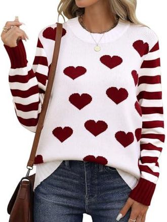 Heekpek Pull de Noël Femme Hiver Chaud Chic et Élégant Ample Pull Col Rond Doux Grosse Maille Oversize Sweater, Coeur Rouge, XXL