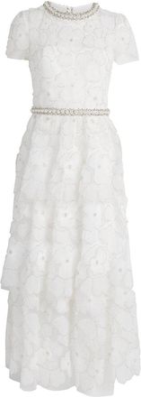 Self Portrait White Embellished Tulle Midi Dress Size XS