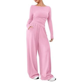 Generic Woman Suites Ensemble 2 pi&egrave;ces pour femme T-shirt asym&eacute;trique &agrave; manches longues Pantalon &agrave; jambes larges Tenue d&eacute;contract&eacute;e, Rouge, XL