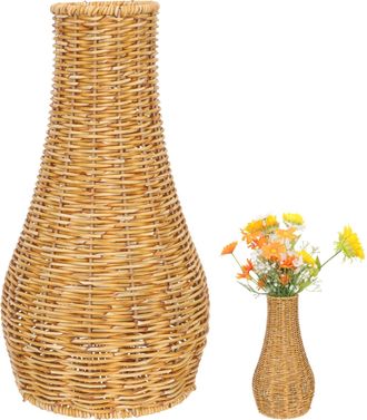 Yardwe Vintage Rattan Vase Aus Kunststoff 13.8 Zoll Handgefertigte Geflochtene Dekovase Für Wohnzimmer Balkon Büro Minimalistische Blumentopf