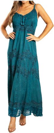 Sakkas Stonewashed Rayon Besticktes langes Kleid mit verstellbaren Spaghettiträgern - Stahlblau - 1X/2X