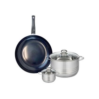 Fackelmann ELO 9719450 Batterie de cuisine 3 pièces, Ensemble de 1 Poêle de cuisson 32 cm et 2 faitouts 12 et 24 cm Elo Prima Brillant, inox, induction, Noir