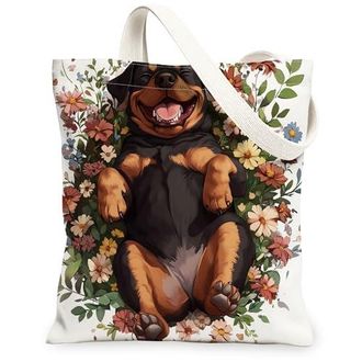 Generic Spring Rottweilers Sac fourre-tout en toile r&eacute;utilisable pour faire du shopping 33 x 38,1 cm, motif floral mignon pour femme, peinture danimaux domest