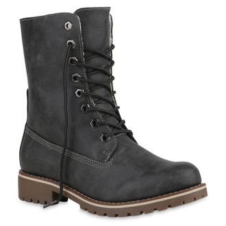 Stiefelparadies Warm Gef&uuml;tterte Damen Stiefeletten Worker Boots Kunstfell Schuhe 125215 Grau Glatt 40 Flandell