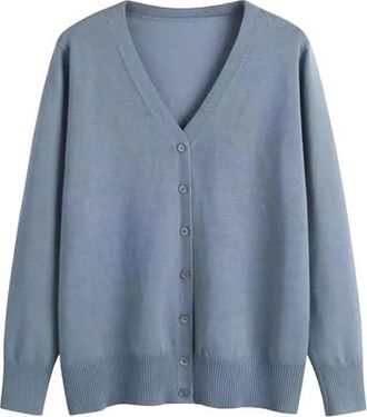 Generic Cardigan en tricot &agrave; col en V pour femme avec bordure c&ocirc;tel&eacute;e &agrave; manches longues simple boutonnage &eacute;l&eacute;gant, bleu ciel, Taille XS