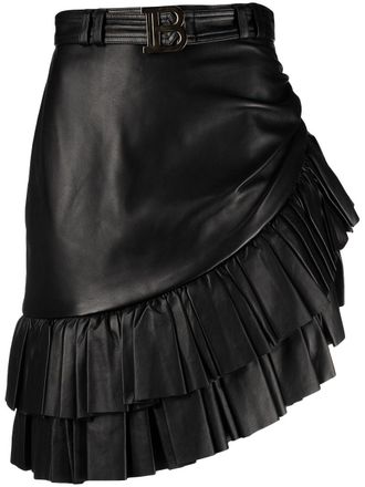 Balmain jupe en cuir &agrave; volants - Noir