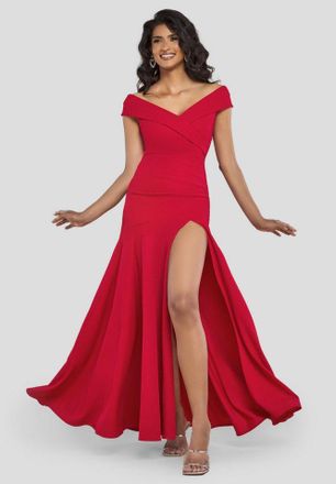 Goddiva Maxikleid Scuba Crepe Off Shoulder Front Split Maxi Dress Langes Kleid