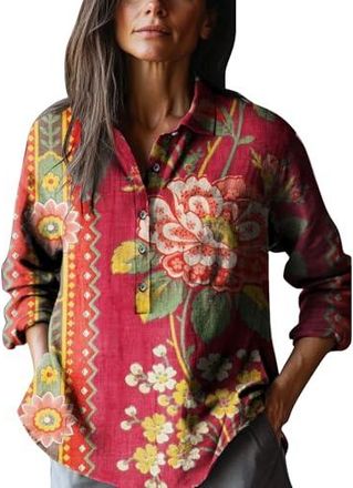 Generico Chemise Femme Curvy &agrave; Manches Longues T Shirt Coton Et Lin D&eacute;contract&eacute; Respirant Chemisier Col en V L&eacute;ger Chemises Vintage Fantaisie avec Boutons Clas