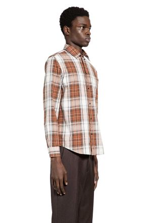 Burberry Mens Roland Grand Check Rust White Button-Down Cotton Shirt Orange