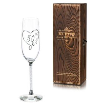 Nuptio Champagne Flute 50 Anniversaire: Ans Cadeau Fl&ucirc;te Argent avec Coffret Bois pour Homme Femme Marraine Personnalis&eacute; Cristal Danniversaire Verre Idee Cad