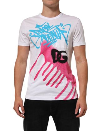 Dolce & Gabbana Mens White Graphic Print Cotton Crew Neck T-Shirt