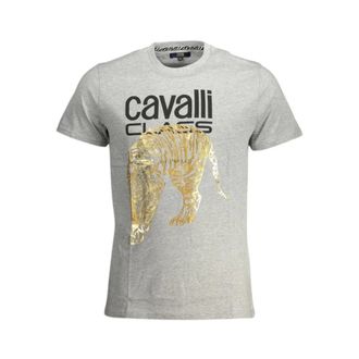 Cavalli Homme, Tops, Gris, Taille: L T-shirt en coton gris avec logo imprimé