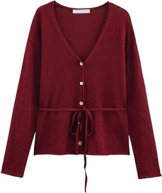 Generic Cardigan en lin tricot&eacute; avec ceinture &agrave; lacets et col en V pour femme, bordeaux, Taille XS