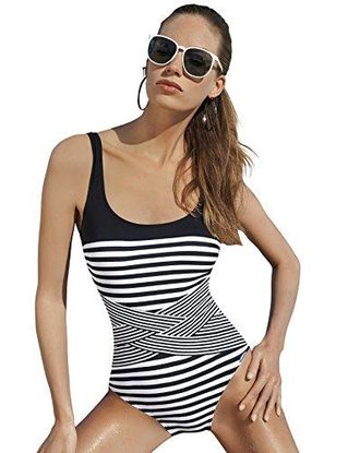 Sunflair 22235-005 Womens Black Striped Costume One Piece Swimsuit 46 - B Cup