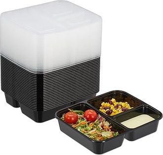Relaxdays Meal Prep Boxen, 24er Set, 3 Fächer, mikrowellengeeignet, wiederverwendbar, Kunststoff Essensbehälter, schwarz