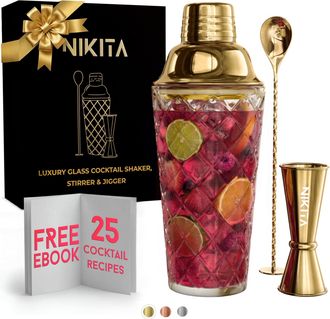 Nikita by Niki Cocktail-Shaker-Set aus Glas, 5-teilig, goldfarbenes Martini-Shaker-Set mit Sieb, Messbecher, L&ouml;ffel und St&ouml;&szlig;el, 473 ml, ideales Geschenk f&uuml;r Hausbar 