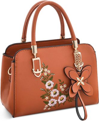 Nicole & Doris Elegante Handtasche Schultertasche Damen Klein Henkeltasche mit Stickerei Blume Frauen Umh&auml;ngetasche PU Leder Crossbody Bag Braun