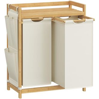 Songmics Panier &agrave; Linge, avec 2 Compartiments, Corbeille &agrave; Linge Sale, en Bambou, Capacit&eacute; de 100 Litres, avec &Eacute;tag&egrave;re, Poches Lat&eacute;rales, 2 x 50 l, 63 x 33 x