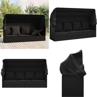 vidaXL Outdoor-Loungebett mit Dach und Kissen Schwarz Poly Rattan - Outdoorm&ouml;bel - Lounge Bett - Sonnenschirm - Gartenlounge - Poolside M&ouml;bel - Home & Living