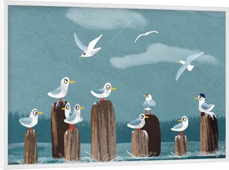 artboxONE Poster mit wei&szlig;em Rahmen 18x13 cm Natur M&ouml;wengruppe - Bild m&ouml;wen Freiheit Hafen