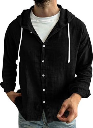 Generic Chemise &agrave; capuche en coton &agrave; manches longues pour homme - Couleur unie - Coupe d&eacute;contract&eacute;e - Cordon de serrage - Printemps et automne - Style d&eacute;contr
