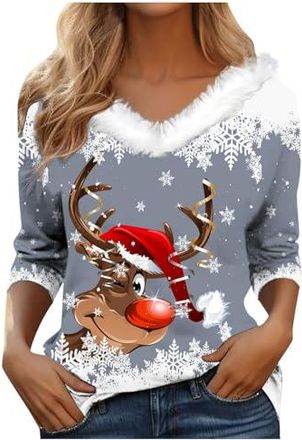 Generic Pull Noel Femme Col en V Fourrure Manches Longue Tee Shirt Drole Moche Imprim&eacute; Christmas Sweatshirt Automne Hiver Chaud(2026)