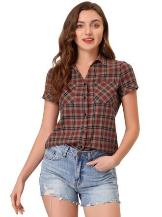 Allegra K Damen Kariertes Hemd Shirt Kariert Kurzarm Classic Oberteil mit Taschen Karo Bluse Rot Gelb XS