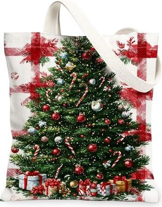 Generic Sacs fourre-tout festifs en toile, motif sapin de No&euml;l vintage, sacs de courses r&eacute;utilisables, l&eacute;gers et lavables avec bandouli&egrave;re en toile pour cadea