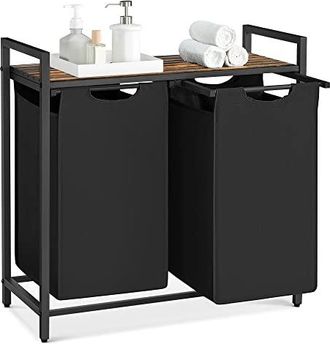 Vasagle W&auml;schekorb 2 F&auml;cher, W&auml;schesammler mit Ablage, W&auml;schebox, W&auml;schesack aus Oxford-Gewebe abnehmbar, Metallrahmen, 2 x 46 L, 73 x 33 x 72 cm, tintenschwa