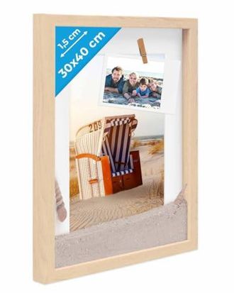 Photolini Cadre photo 3D à remplir 30 x 40 cm naturel, cadre boîte profond avec passe-partout, pour objets jusquà 1,5 cm, bois MDF, verre - pour les loisirs cré